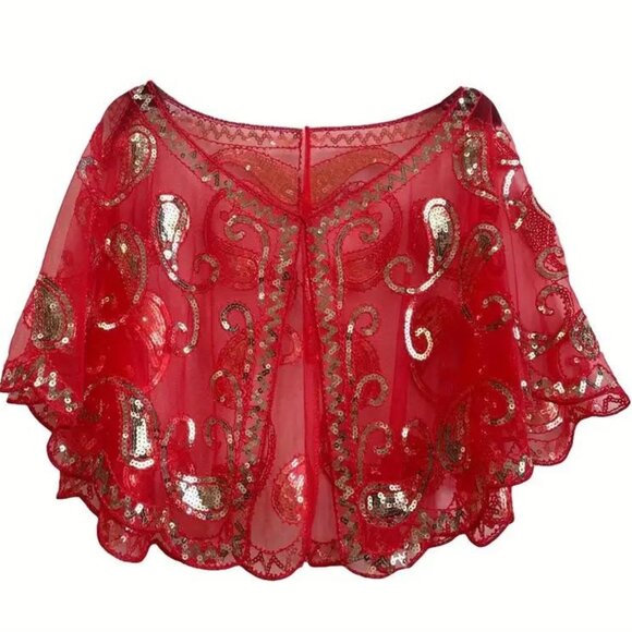Accessories | Sequined Shawl Wrap In Gold Red | Poshmark